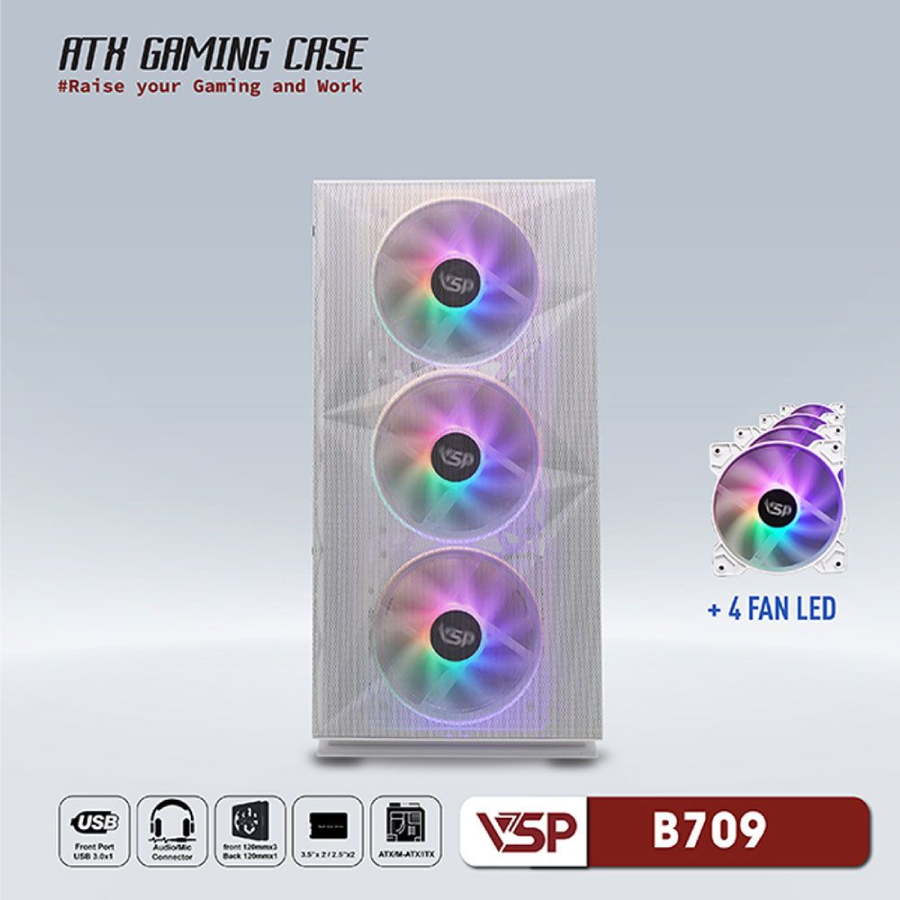 Case VSP Gaming Mid Tower B709 - White + 4Fans Led