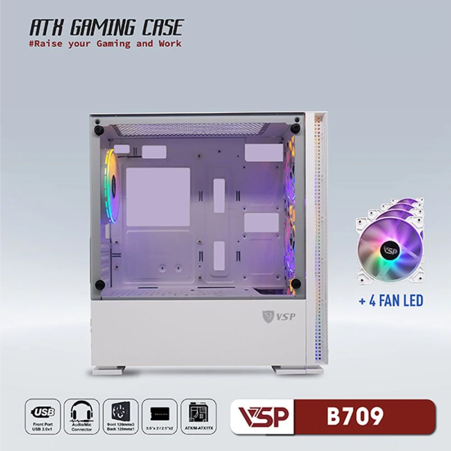 Case VSP Gaming Mid Tower B709 - White + 4Fans Led