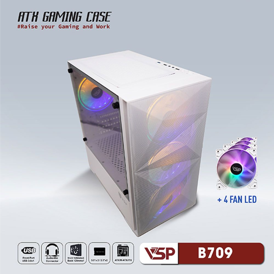Case VSP Gaming Mid Tower B709 - White + 4Fans Led